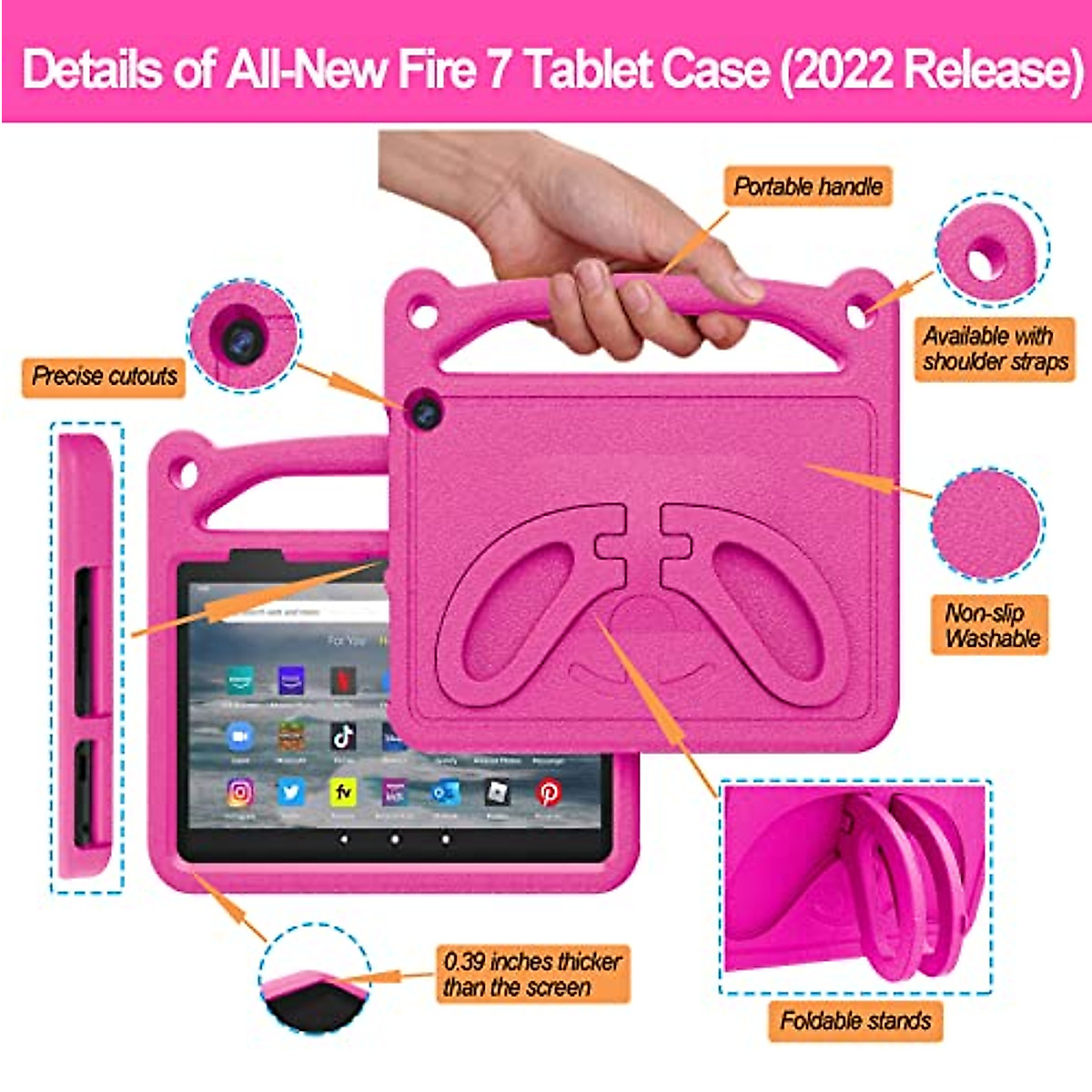 All-New Fire 7 Tablet case(2022 Release),Fire 7 Tablet case for Kids, Riaour Light Weight Shockproof Kid-Proof Protective Cover with Handle Built-in Foldable Kickstand for Amazon fire 7 Tablet,Rose