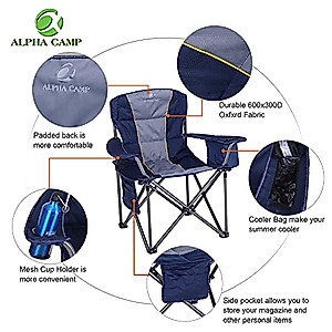 ALPHA CAMP Oversized Camping Folding Chair Heavy Duty with Cooler Bag Support 450 LBS Steel Frame Collapsible Padded Arm Quad Lumbar Back Chair Portable for Lawn Outdoor,Blue