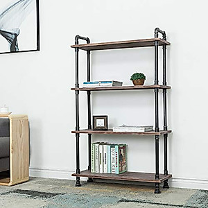WGX Design For You Industrial Bookcase, Solid Pine Open Wood Shelves, Rustic Modern Industrial Pipe and Solid Wood Style Bookshelf (4-Layers)