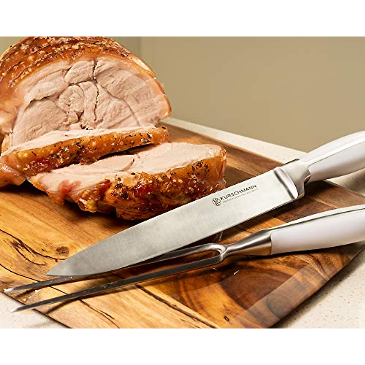 Kurschmann CLEARANCE 3-Piece Arctic White Carving Set for Cutting Meat, Includes German Stainless Steel Knife, Fork, and Honing Rod, with Modern, Rivetless Handles in Gift Box