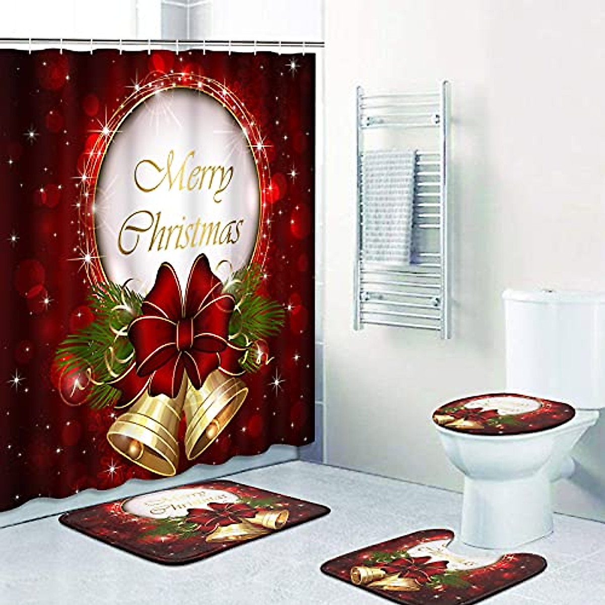 ArtSocket 4 Pcs Shower Curtain Set Christmas Bells Bow Snowflakes Red with Non-Slip Rugs Toilet Lid Cover and Bath Mat Bathroom Decor Set 72" x 72"