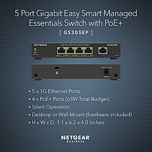 NETGEAR 5 Port PoE Gigabit Ethernet Easy Smart Managed Essentials Switch (GS305EP) - with 4 x PoE+ @ 63W, Desktop or Wall Mount