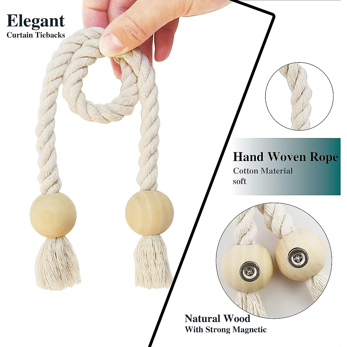 Nieffeiy 4 Pack Magnetic Curtain Tiebacks Cotton Hand Woven Tie Back Decorative Rope Holdbacks for Curtains Draperies No Tools Required, Beige