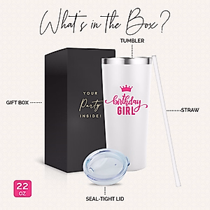 Your Dream Party Shop Birthday Girl Insulated Wine Tumbler - White Stainless Steel Cup for Women’s Celebrations - Birthday Tumbler For Women (22 oz)