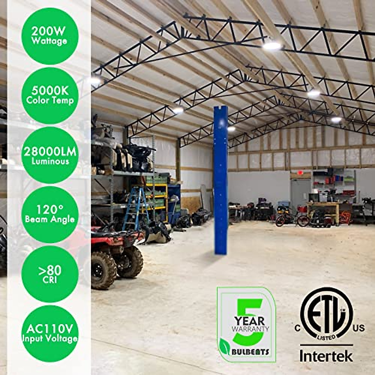 bulbeats 200W LED High Bay Light 28000lm (Eqv.800W MH/HPS) 5000K ETL Listed High Bay LED Light, Coomercial Grade with US Plug UFO High Bay Light for Commercial Warehouse/Barn/Wet Location