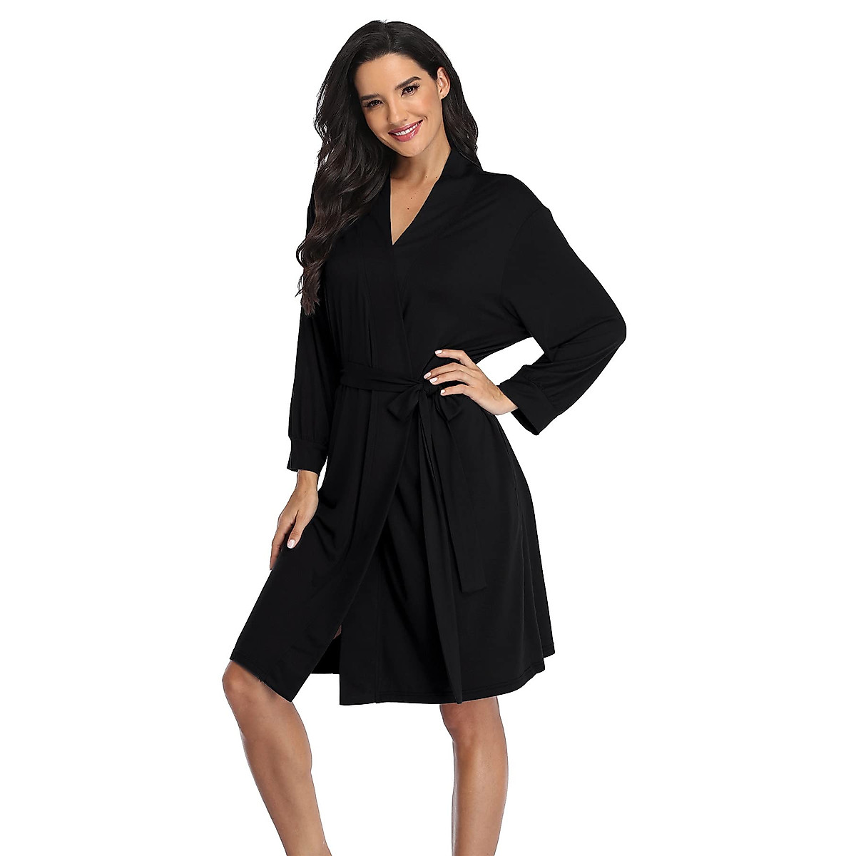 Super Shopping-zone Women's Soft Kimono Robes Short Lightweight Soft Knit Robe Modal Bathrobe Sleepwear, Black