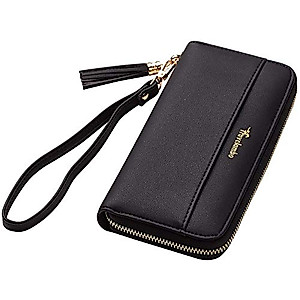 Travelambo Womens Wallet Tassel Bifold Ladies Cluth Wristlet Wrist strap Long Purse (Access Black)