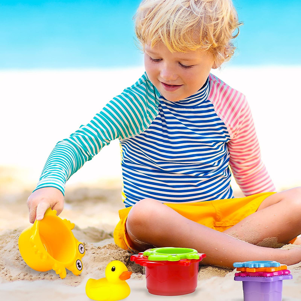 Stacking Cups Bath Toys for Toddlers, Rainbow Bath Cups for Baby 1-3 Years Old, Safe Infant Nesting Cups with Rubber Duckie for Fun Bath Time, Birthday Stocking Stuffers Early Learning Educational Toy