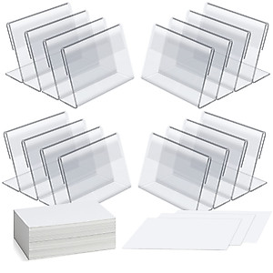 BILLIOTEAM 40pack Mini Clear Sign Display Holder with Blank Labels,3.5*2.4 Inch Horizontal Slanted L-Shape Plastic Name Card Price Card Tag Label Counter Top Stand