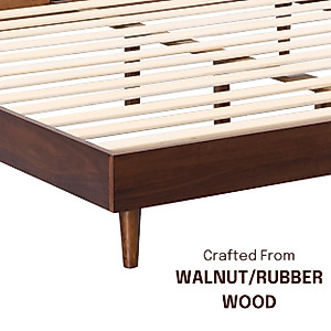 NTC Fly Wooden Bed Frame Without Headboard, Crafted from Walnut, Rubber Wood with Silent Slats and Wood Central Supports, 1000 Lb Capacity, Effortless Assembly, Queen - Dark Walnut