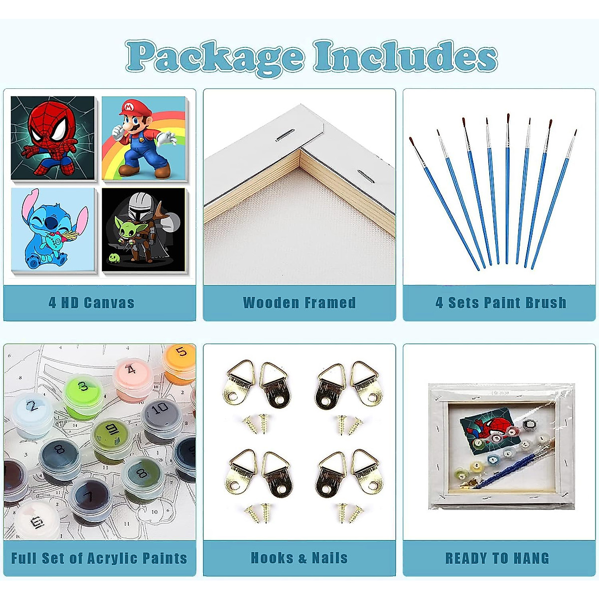 xackcme 4 Pack Cartoon Paint by Number for Kids with Wooden Frame-Cartoon Paint by Numbers for Kids Ages 4-8-12,Easy Paint with Numbers DIY Acrylic Oil Painting Kits for Home Wall Decor(8X8inch)