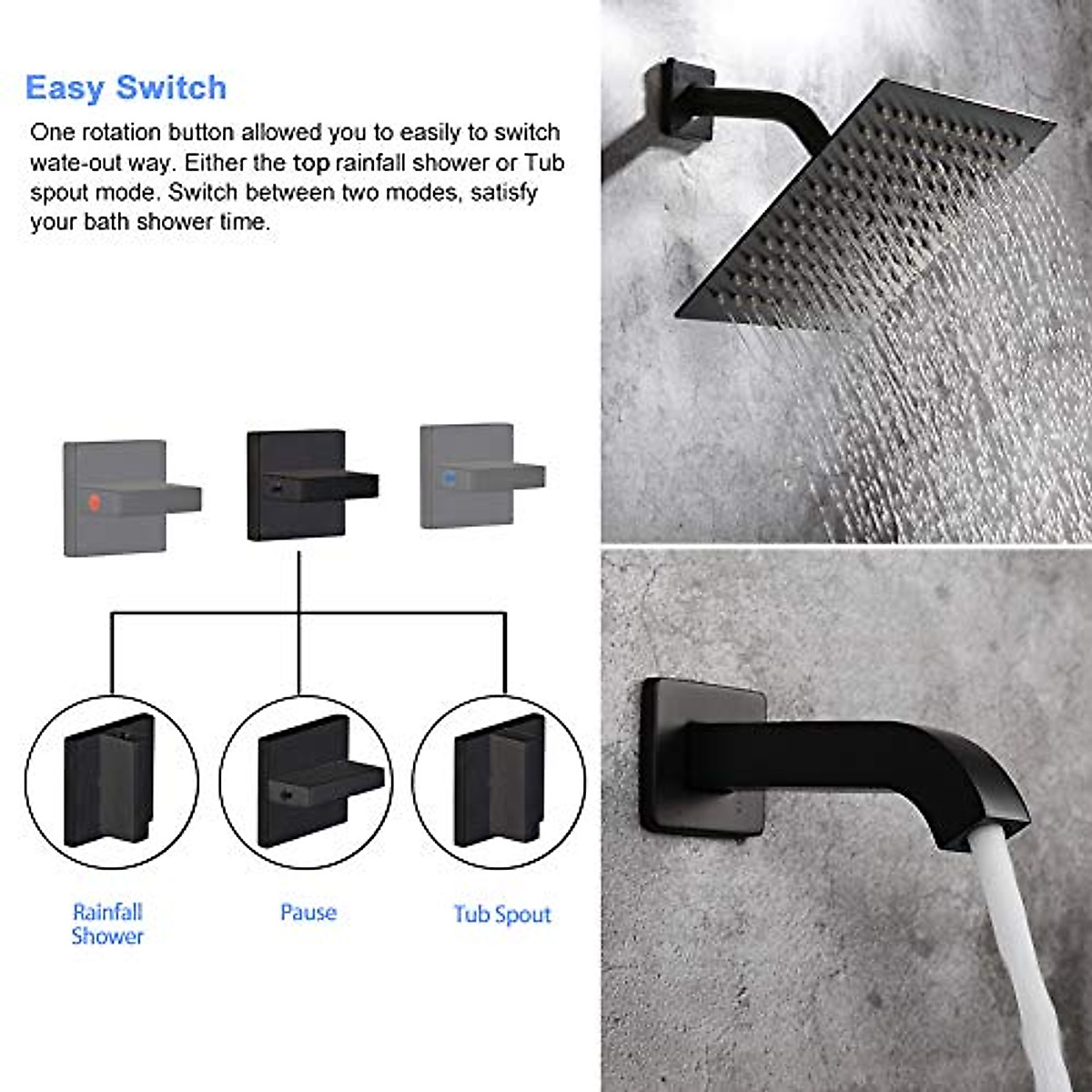 Matte Black 3 Handle Shower Faucet Set with Tub Spout, Tub and Shower Trim Kit with Rough-in Valve, Bathroom Rain Shower System Wall Mounted Rainfall Bathtub Shower Faucets
