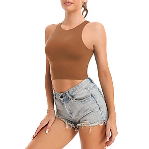 Yeawinta Crop Tank Top for Women Workout Shirts Cropped Tanks Sleeveless Gym Clothes Yoga High Neck Crop Top 2 Pack White/Brown M