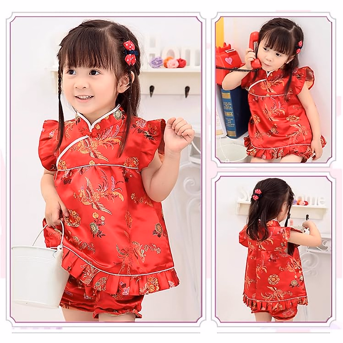 FANCYKIDS Girls Chinese New Years Traditional Qipao Cheongsam Dress Shorts Outfit Set (RedCircle, 6-12 Months)