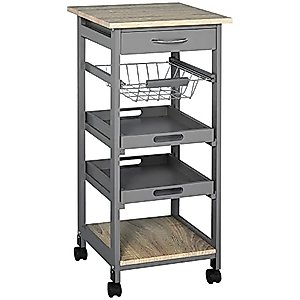 HOMCOM Mobile Rolling Kitchen Island Trolley Serving Cart with Underneath Drawer & Slide-Out Wire Storage Basket, Grey