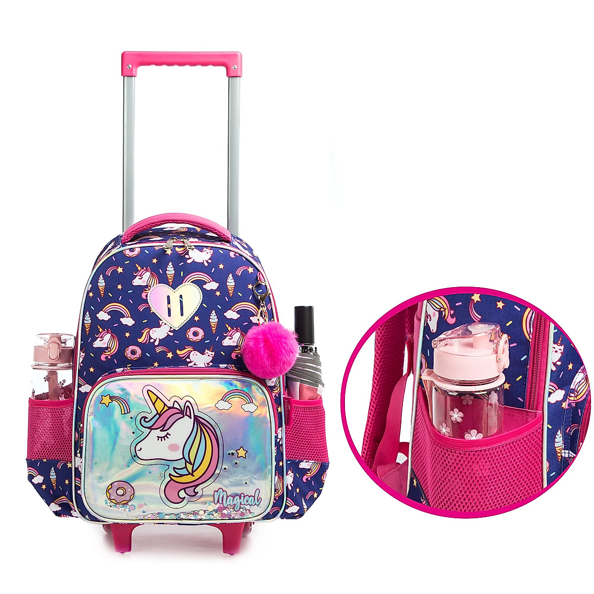 MOHCO Rolling Backpack for Kids Wheeled Backpack for Girls with Lunch Bag Pencil Case