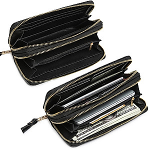 MKP COLLECTION Womens Fashion Double Zip Around Wallet Jean Denim Long Purse with Credit Card Holder, Bifold Design and Detachable Wristlet