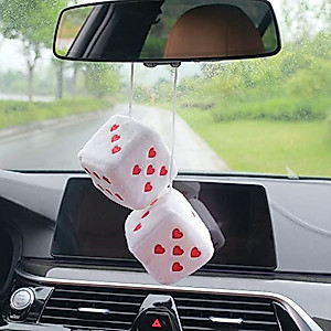 Cyncoy Pair Fuzzy Plush Dice for Car Rearview Mirror, 3" Retro Square Heart-Shape Decoration Dice for Hanging Car Accessories, Car Decorations for Women (Pink) (FD001)