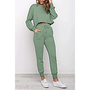 ZESICA Women's Long Sleeve Crop Top and Pants Pajama Sets 2 Piece Jogger Long Sleepwear Loungewear Pjs Sets,Green,Large
