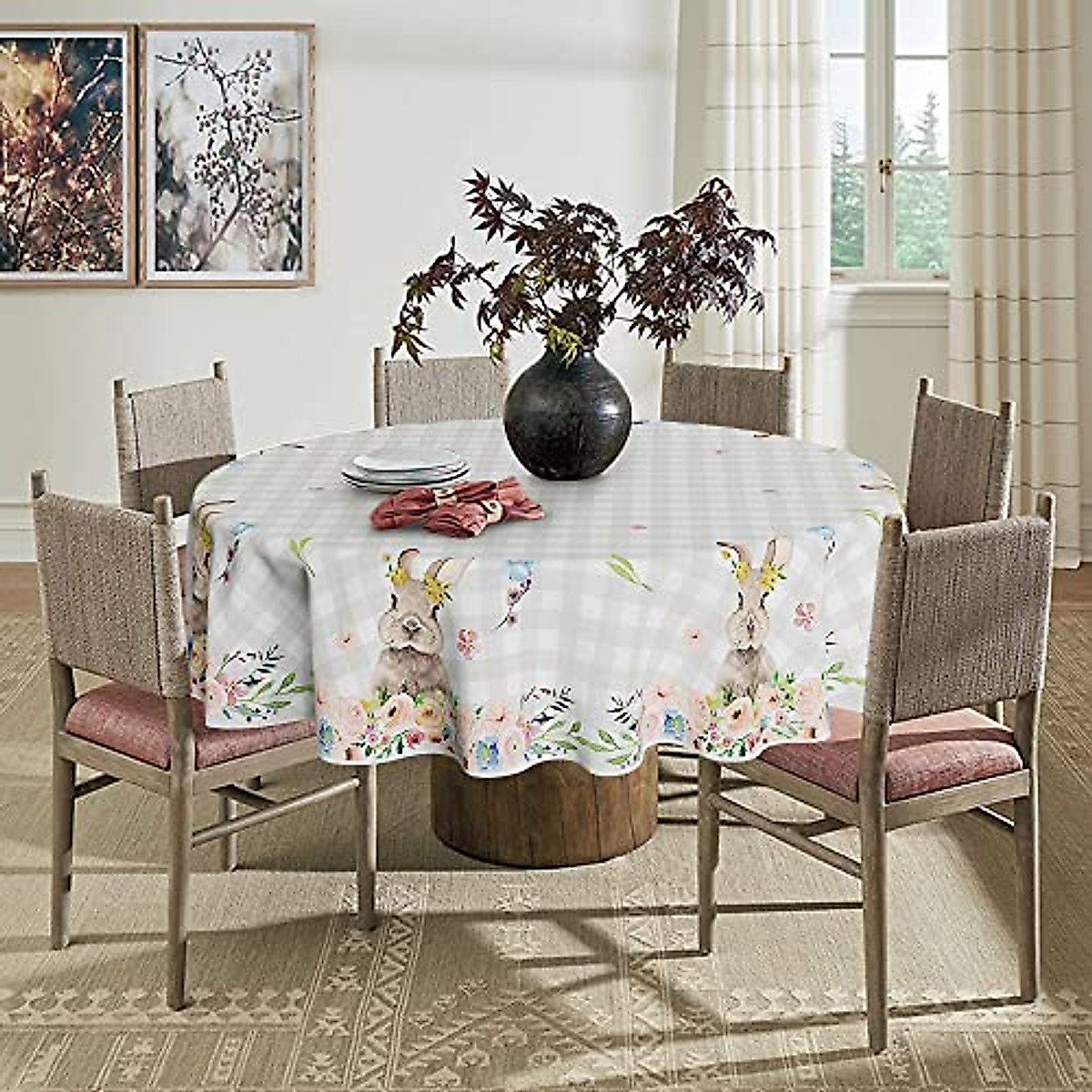 Horaldaily Easter Tablecloth 70x70 Inch Round, Spring Flower Buffalo Plaid Bunny Table Cover for Party Picnic Dinner Decor