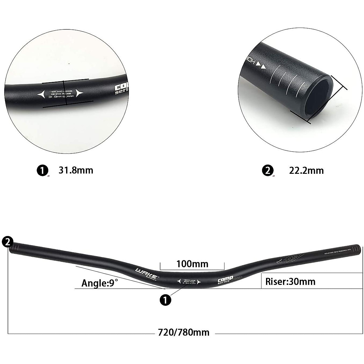 Wake 31.8mm MTB Mountain Bike Handlebar, Aluminum Alloy Mountain Bike Bicycle Riser Handlebar Extra Long 720/780mm with Paint Matte Surface (Black, 720mm)