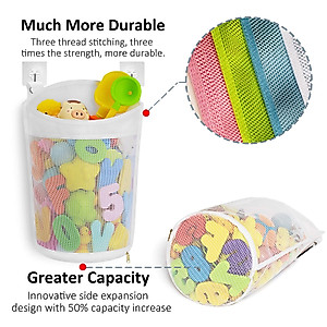 FHDS Clever Zippered Mesh Bath Toy Organizer, Multiple Ways to Hang, Ultra Large Capacity & Large Opening, Multi Use Bathtub Toy Storage Bag ( Large, White )