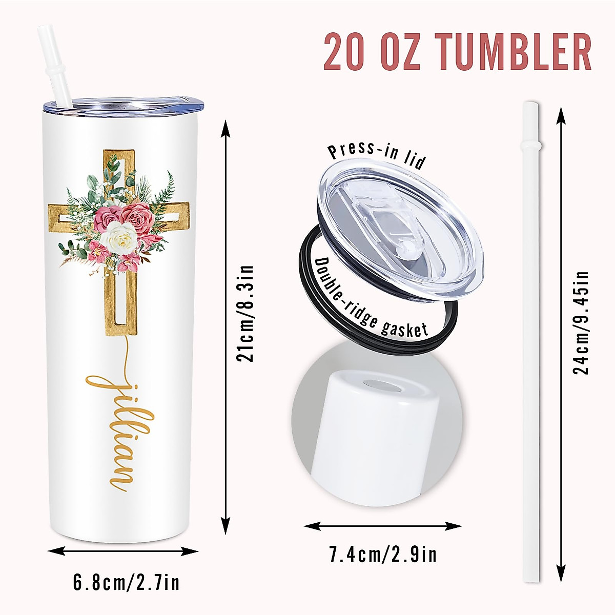 Christian Gifts for Women Faith, Personalized Name Christian Tumbler, Custom Bible Verse Coffee Cups 20oz Stainless Steel Tumblers with Lids and Straws, Inspirational Religious Jesus God Birthday Gift