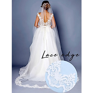 Unsutuo Lace Applique Bride Wedding Veil 1 Tier Short Fingertip Bridal Tulle Veil with Comb for Women and Girls (L:118",W:59", Ivory)
