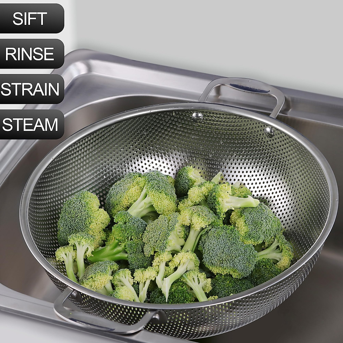 Extra Large 6-Qt Colander, 18/8 Stainless Steel Mesh Strainer for Kitchen, Food Sieve with Riveted Handles and Self-draining Solid Ring Base, Great for Pasta, Rice, Vegetables and Fruits