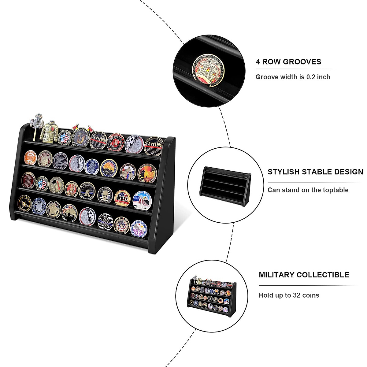 ASmileIndeep 4 Rows Wooden Military Challenge Coin Display Case Wall Mount - Army Coin Collectibles Holder Display Stand Rack, Black