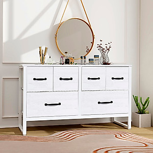 LYNCOHOME Dresser TV Stand, White Dresser for Bedroom with 6 Drawers,Wide Dresser with Sturdy Frame & Wood Top for Storage in Bedroom,Entryway,Hallway