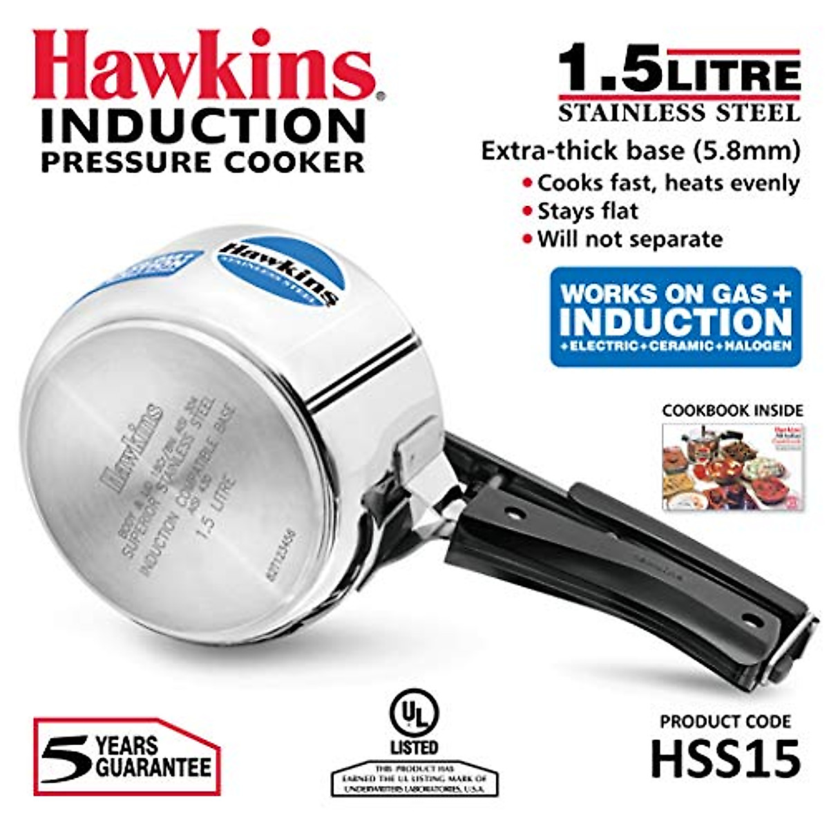 Hawkins Stainless Steel Pressure Cooker, 1.5 Liter, Silver
