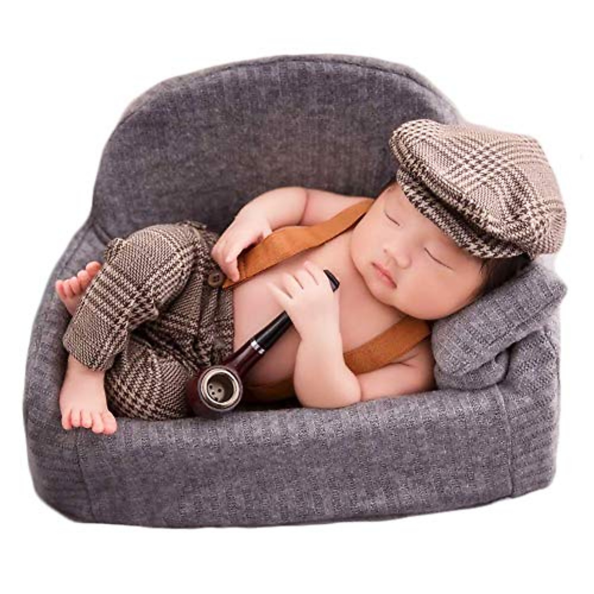Baby Photography Props Newborn Boy Photo Shoot Outfits Infant Gentleman Suit Lattice Outfit Hats (Coffee)