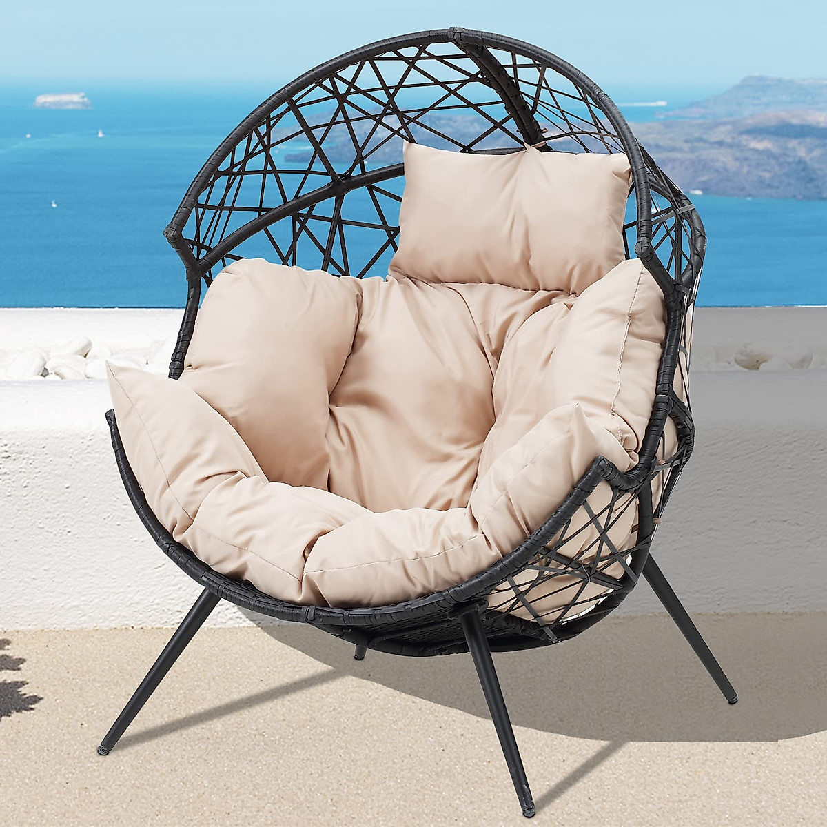 GOOGIC Patio Wicker Egg Chair,Outdoor Egg Chair with Cushion,Oversized Indoor Outdoor Egg Basket Lounge Chair for Patio, Backyard,Living Room,Garden,Steel Frame - Beige