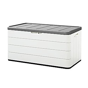 ADDOK Large Resin Deck Box Lockable, Outdoor Garden Storage Box Waterproof, Elegant Storage Bench for Cushions, Garden Tools and Pool Toys (White)