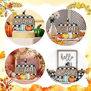 Geetery Thanksgiving Hello Fall Pumpkin Sign Decorations 12 Inch Double Printing Wooden Autumn Buffalo Plaid Welcome Tabletop Decor Farmhouse Thanksgiving Decorations for Harvest Living Room