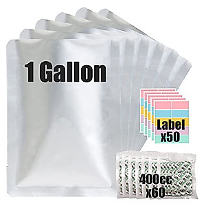 50pcs 1 Gallon Mylar Bags for Food Storage with Oxygen Absorbers 400CC (6 Packs of 10pcs) and Labels, 9.5 Mil 10"x14" Vacuum Sealer Bags Heat Sealable Bags for Long Term Food Storage(Extra Thick）
