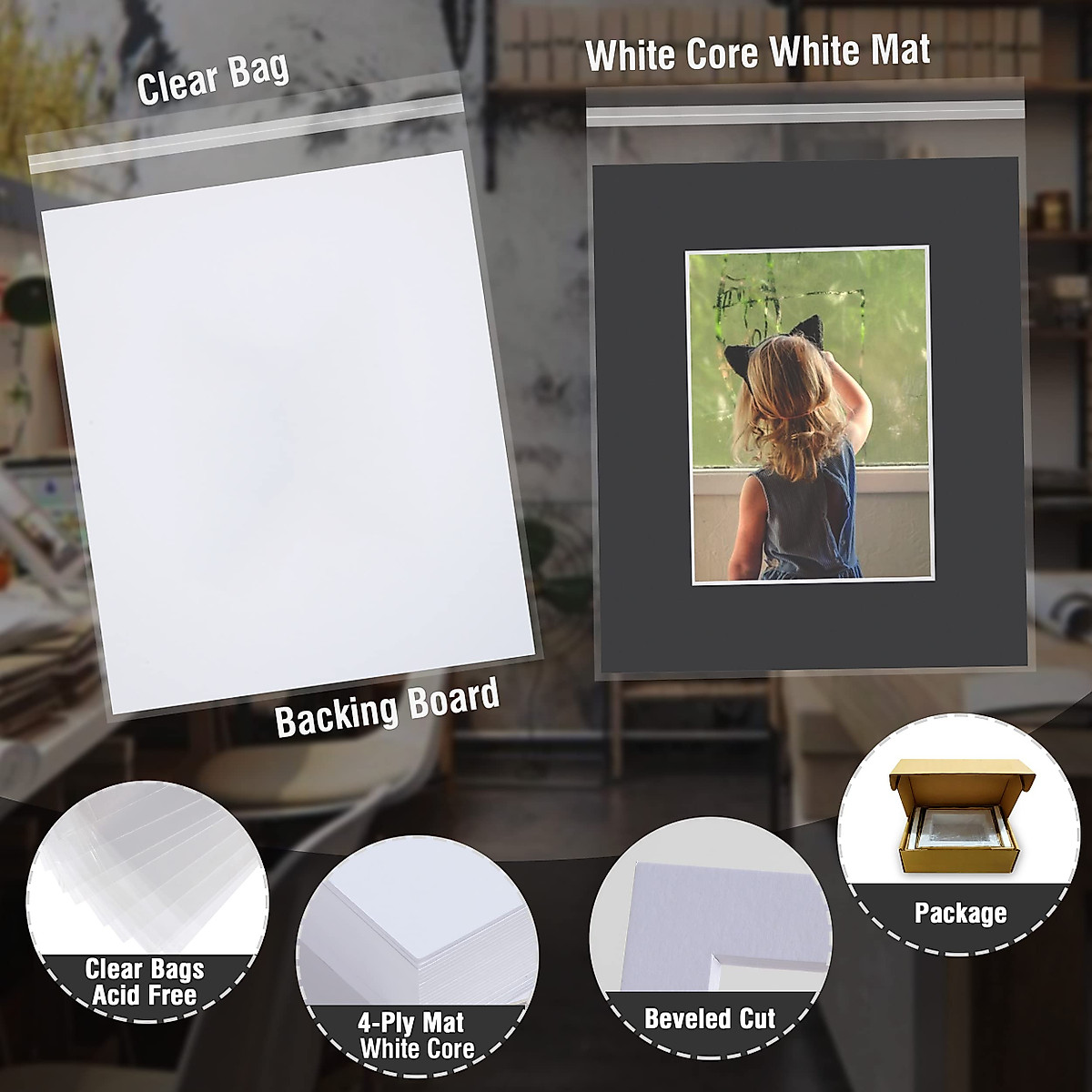 Falling in Art 5 Pack Acid Free 16x20'' Black Picture Mats Board Show Kit for 11x14'' Pictures, 4-Ply Beveled Pre-Cut Photo Boards with Backing Board and Plastic Clear Bags