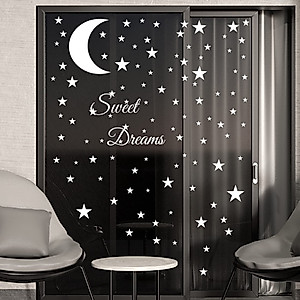 Stars and Moon Wall Decal with Sweet Dreams Quotes Wall Stickers Star Decals for Walls Nursery Wall Decal, White Vinyl Wall Moon Stars Removable Peel and Stick Wallpaper for Kids Girls Boys Bedroom