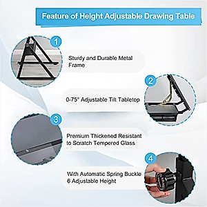 Waful Height Adjustable Drafting Tables, Glass Drawing Art Table, Art Artists Desk, Tilting Tabletop Paintings Work Station Artist Table -2 Storage Drawer for Reading, Writing Art Craft Work Station