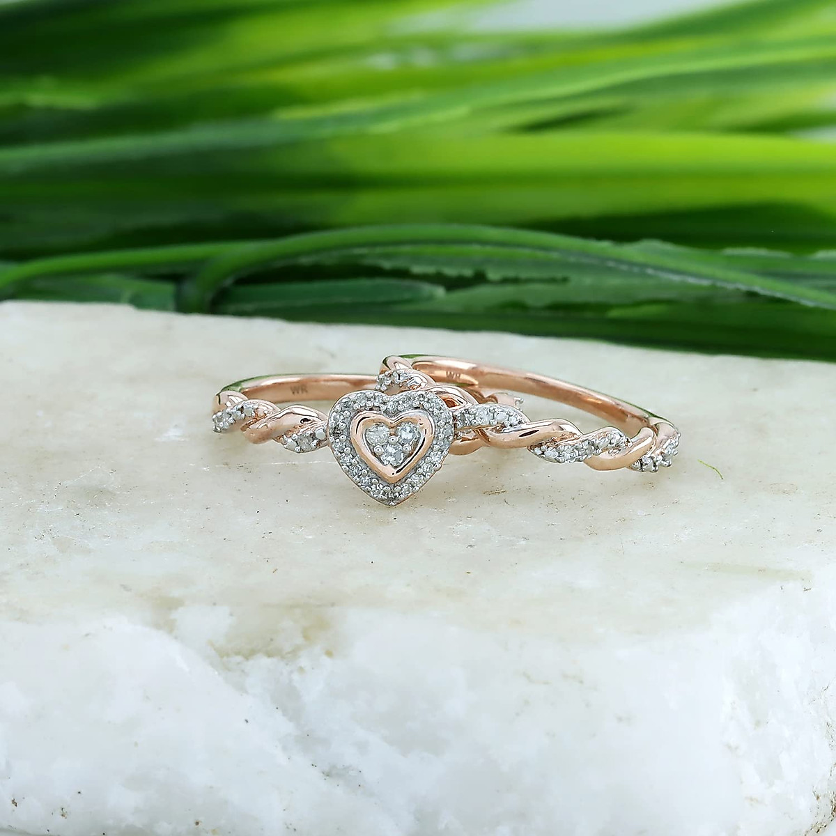 Wishrocks 1/5 Carat Round Cut White Natural Diamond Heart Shape Frame Twist Bridal Ring Set in 14k Rose Gold Over Sterling Silver (0.20 Cttw, Color- I-J, Clarity- I2) Ring Size- 8.5