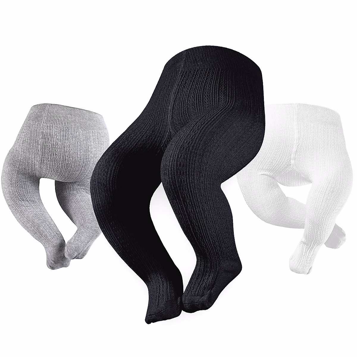 Petrass Baby Girls Cable Knitted Tights Infant Full-Footed Seamless Cotton Tights New-born Girls Seamless Leggings (Black/Ivory/Grey, 0-3 Months)