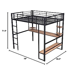 Woanke Metal Full Size Loft Bed&MDF Bed with Long Desk and Shelves, Heavy Duty Steel Bedframe for Kids Teens Adults, Black