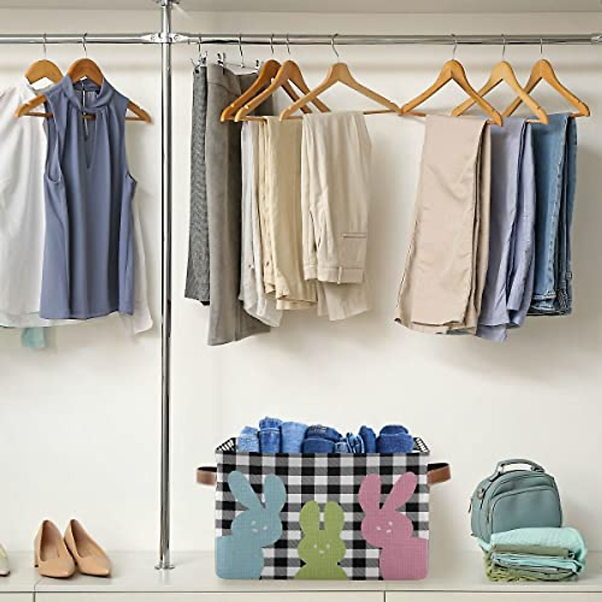 Happy Easter Day Eggs Storage Basket Fabric Laundry Baskets Easter Peeps Bunny Black White Buffalo Plaid Storage Boxes Organizer Bag for Baby Toy Book Storage Cubes Shelf Closet Bins 16×12×8 Inches