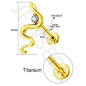Jewseen 14K Solid Gold Snake Cartilage Earring 16g Flat Back Stud Helix Piercing Jewelry Tragus Earring Conch Stud Titanium Labret Post Lip Ring Nose Stud for Women Men