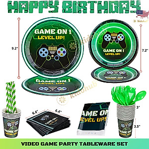 Kidohub Video Game Birthday Party Supplies: Video Game Decorations, Party Tableware, Table Cover, Birthday Banner, Balloons, Bracelets, Tattoo Stickers, Gift Boxes, 185 Pcs Serves 16 Guests