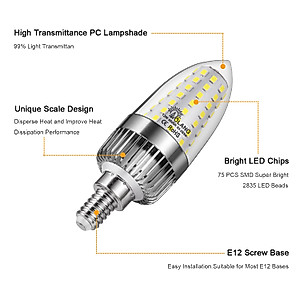 Aolang E12 LED Candelabra Bulb, 12W LED Candle Bulbs,100-Watt Light Bulbs Equivalent, Daylight White 6000K Chandelier Bulbs, E12 Candelabra Base, 85V-265V, 1200Lumens, Non-Dimmable (4 Pack)