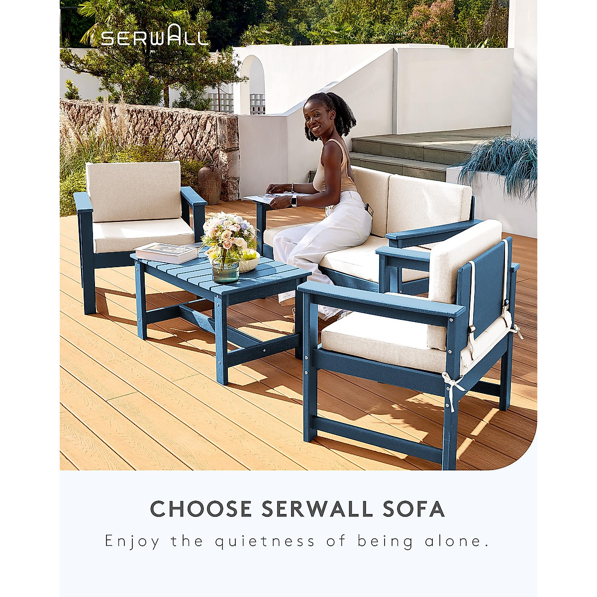 SERWALL 4 Pieces HDPE Outdoor Conversation Sofa Set with Cushions, Blue Frame and Khaki Cushion