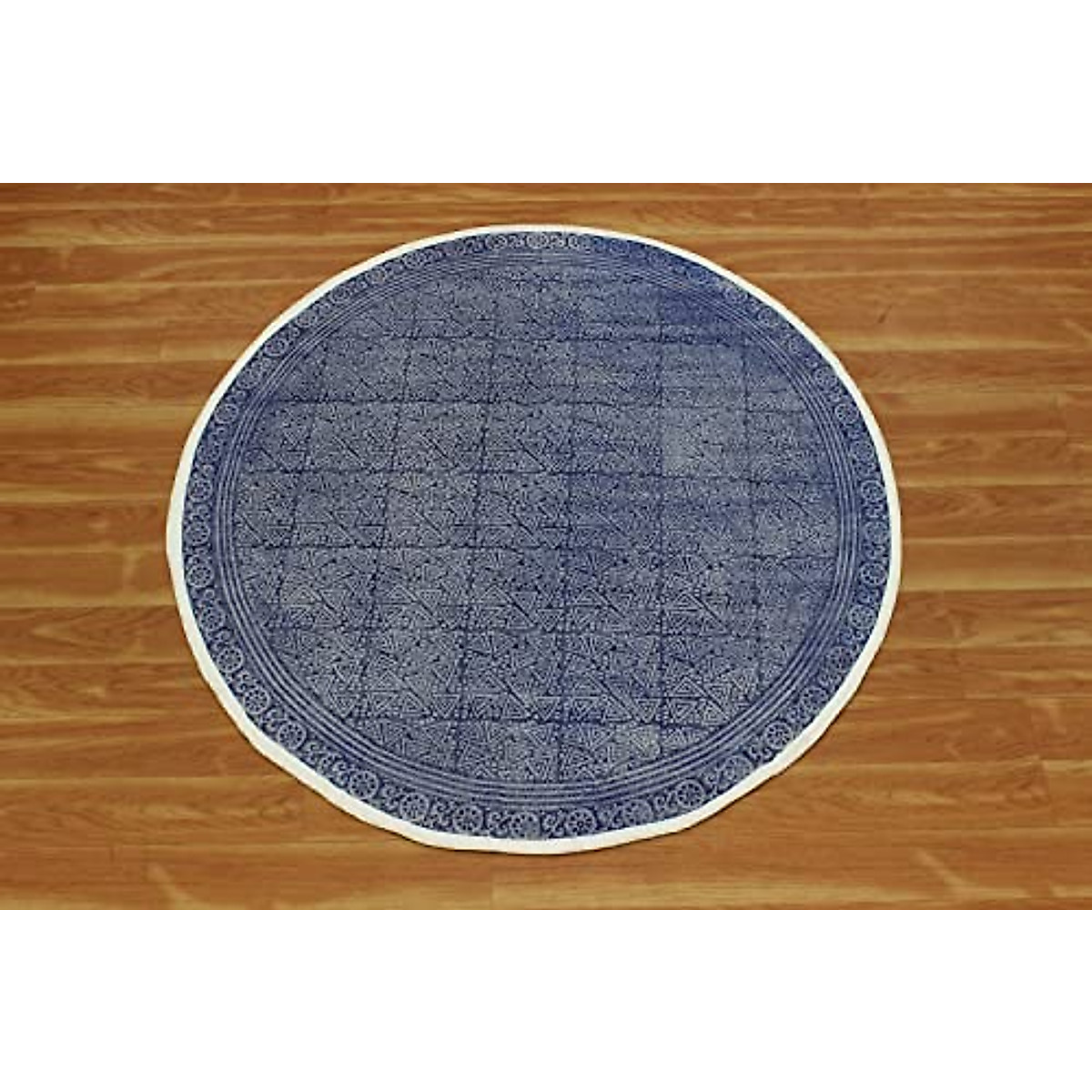 Casavani Indian Handmade Rug Geometric Blue & Beige Cotton Dhurrie Round Area Rug Best Uses For Garden Yoga Mat,Living Room,Kids Room,Bedroom, Bathroom,kitchen 3x3 4x4 3x3 Feet Round