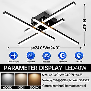 JFHTNFJ Modern Sputnik Ceiling Light Fixture 40w LED Dimmable with Remote Control Ceiling Lighting Black Flush Mount Chandelier Ceiling Lamp for Bedroom Study Kitchen Living Room 3-Color 24inches